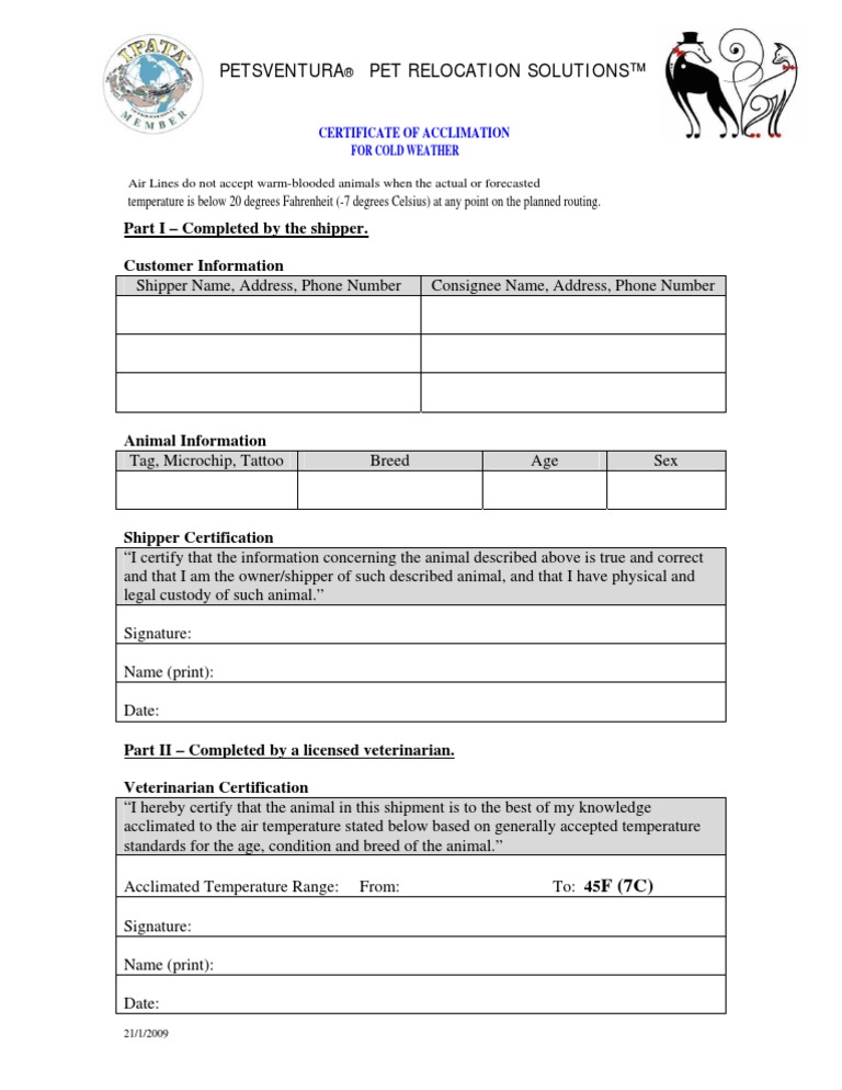 Acclimation Certificate For Travel With Airline | PDF