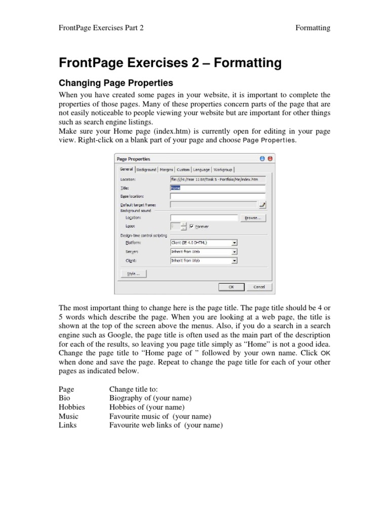 Frontpage Exercises 2 - Formatting: Changing Page Properties | Download ...