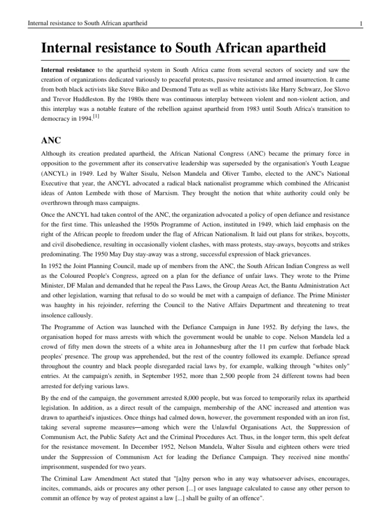 Internal Resistance To South African Apartheid | PDF | Apartheid ...