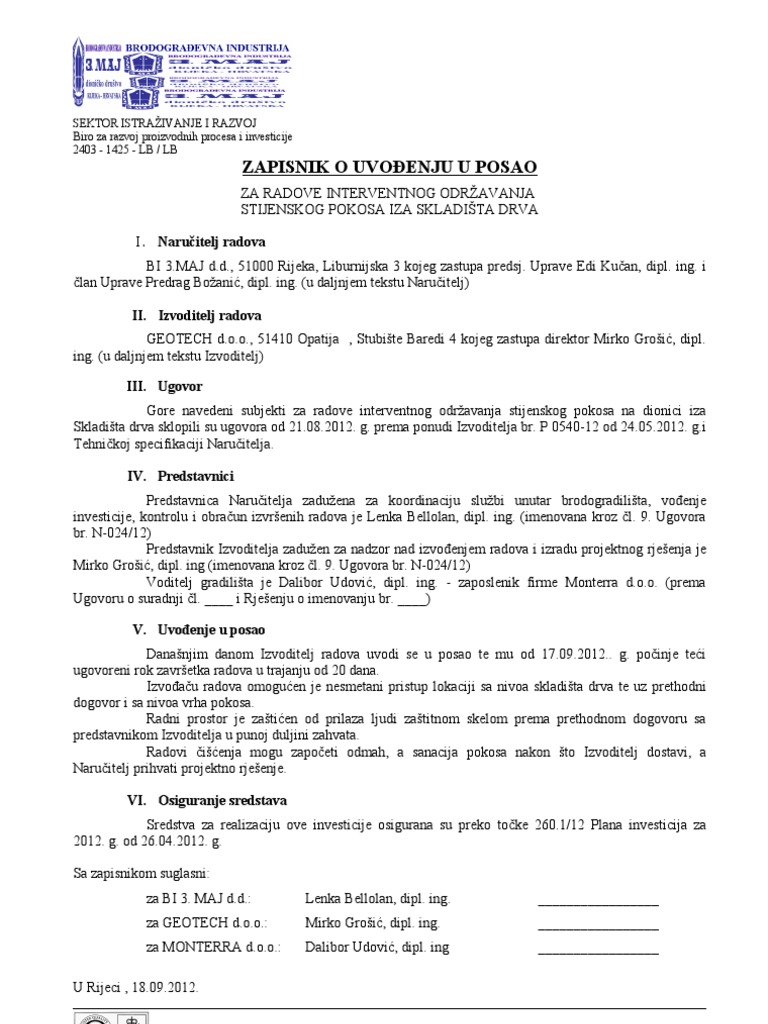 Zapisnik o Uvođenju U Posao | PDF