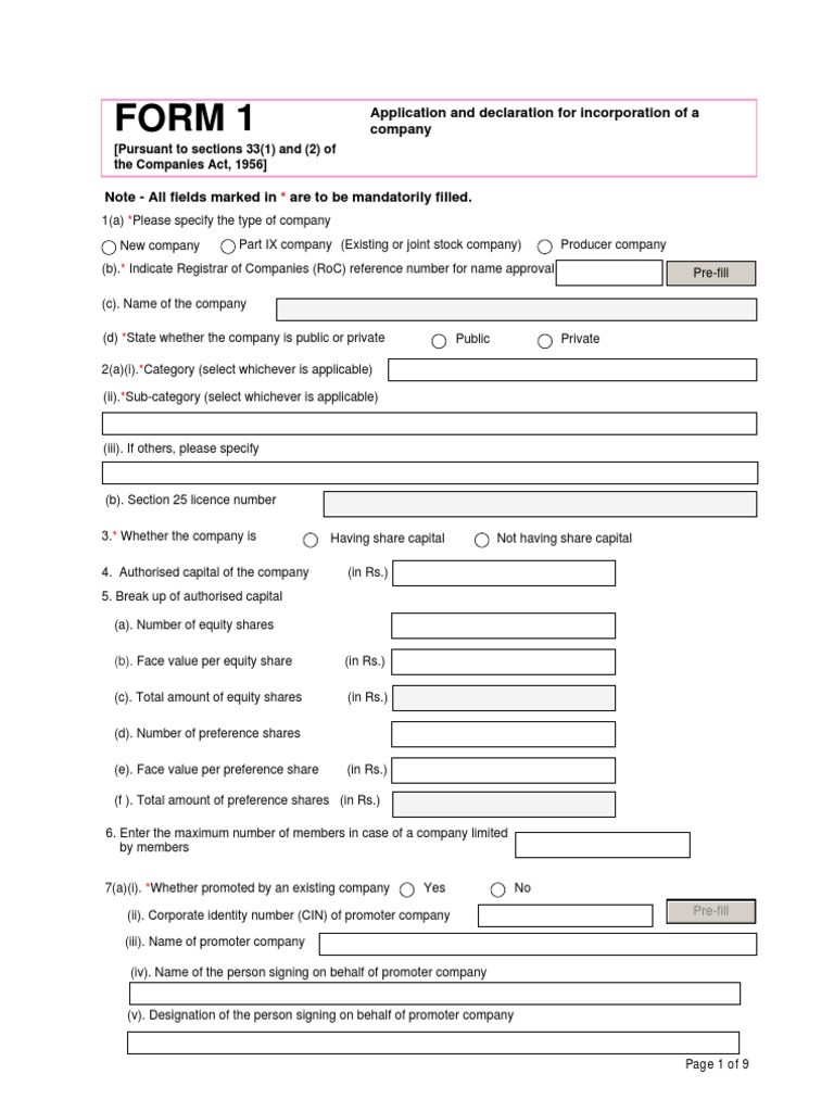 Form 1: Application and Declaration For Incorporation of A Company ...