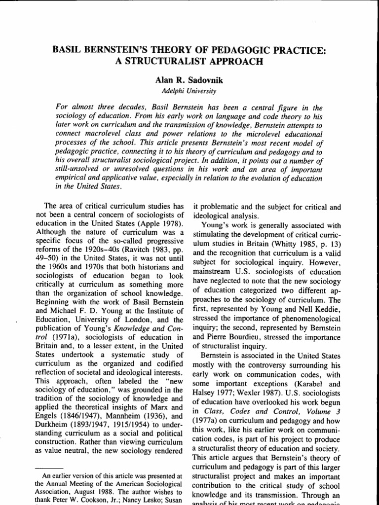 Basil Bernstein'S Theory Oe Pedagogic Practice: A Structuralist ...