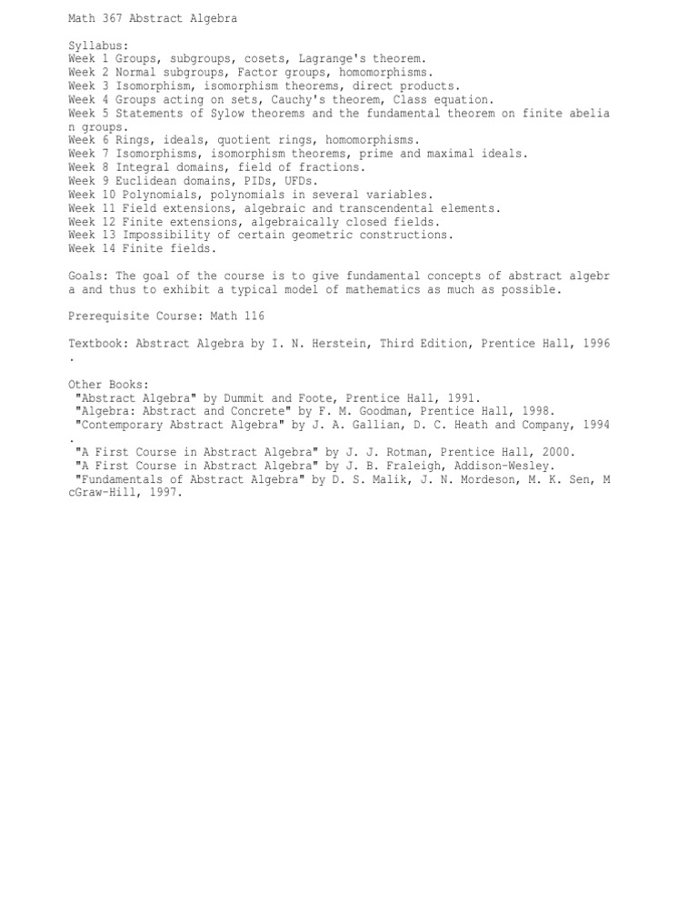Abstract Algebra Course Syllabus | PDF | Group (Mathematics) | Field ...