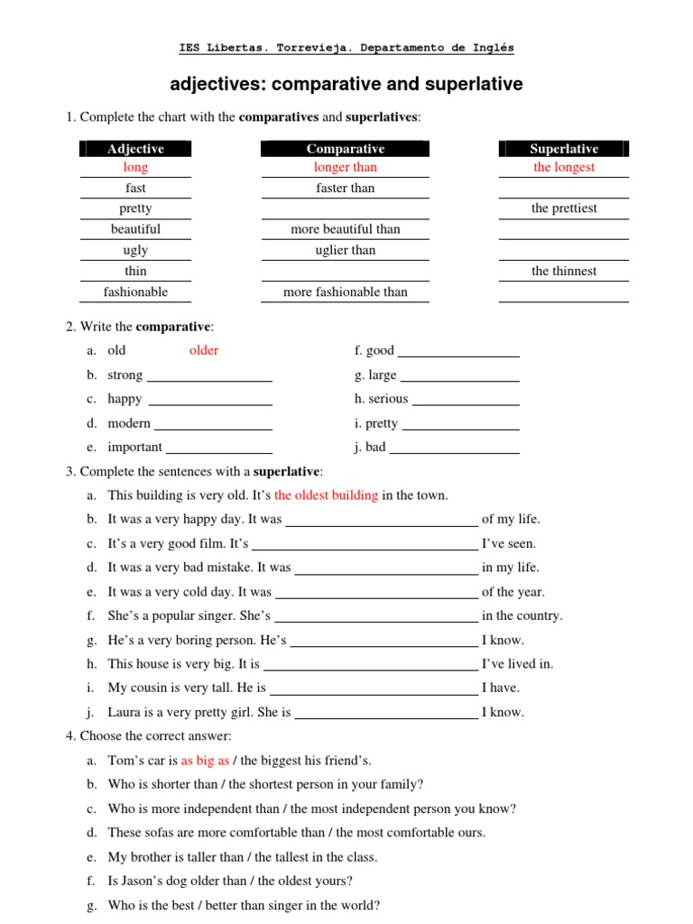 Comparative and Superlative Adjectives Worksheet | PDF