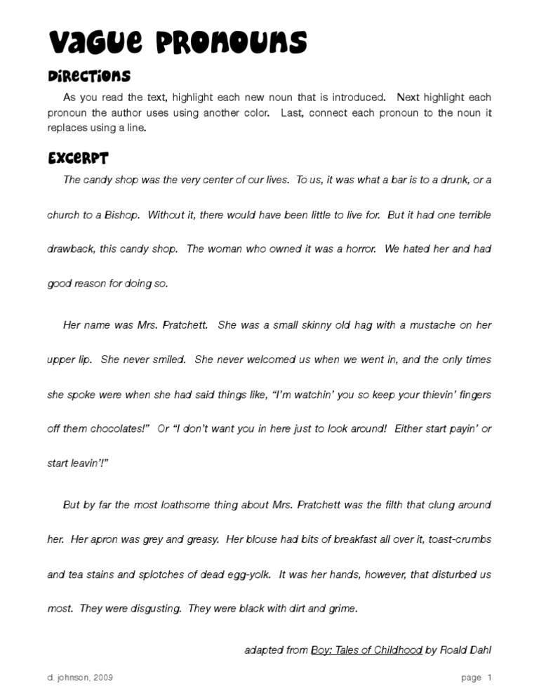 Vague Pronoun Examples Indefinite Pronouns Worksheets | Indefinite