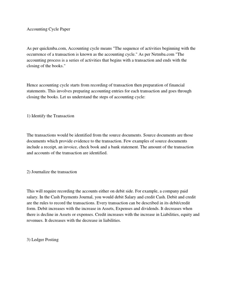 Accounting Cycle Paper | PDF | Debits And Credits | Financial Transaction