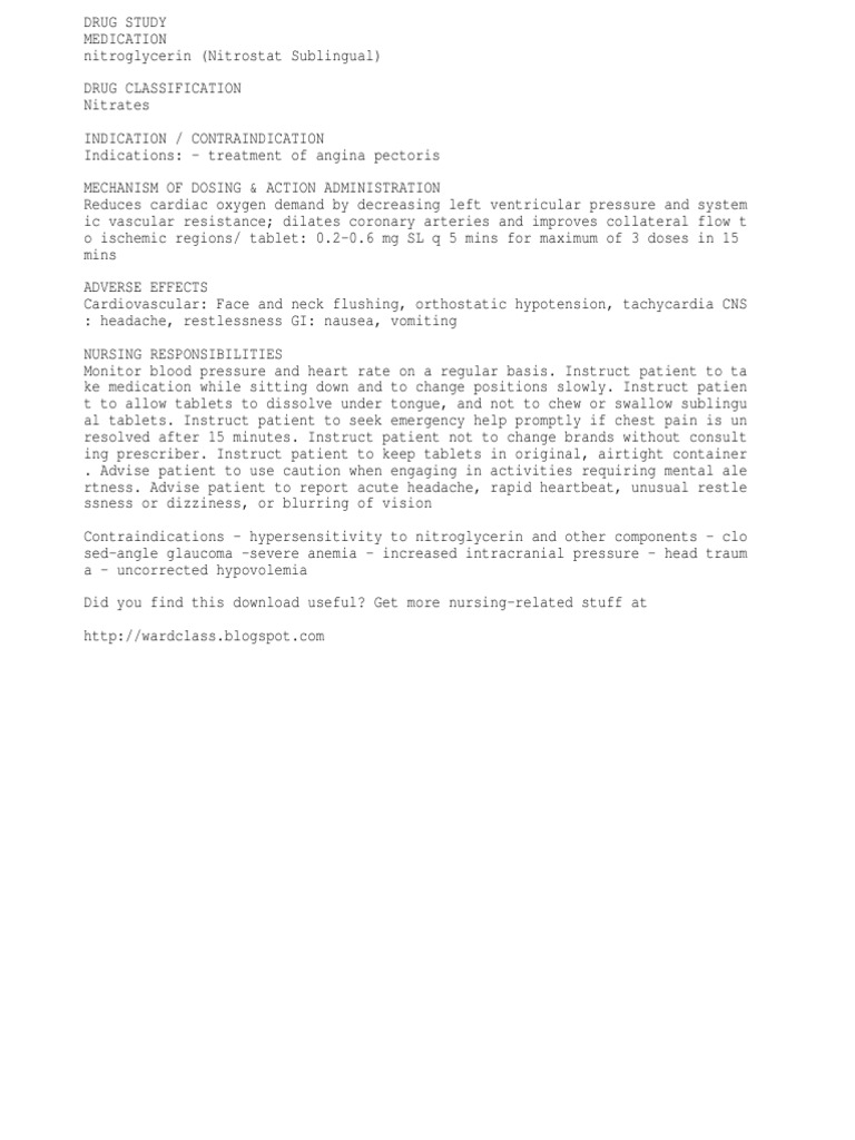 Drug Study Nitroglycerin | PDF
