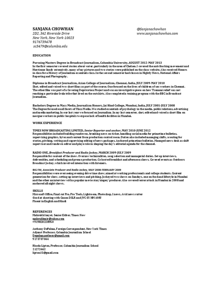 Sanjana Chowhan Resume | PDF | Journalism | Mass Media