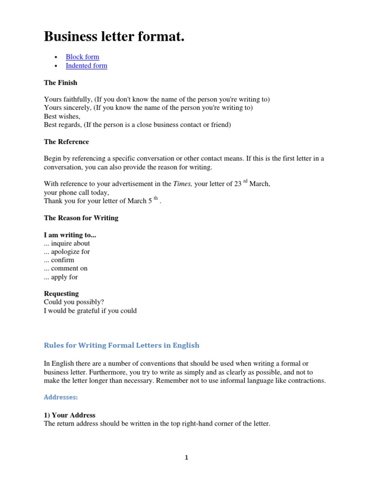 Business Letter Format.: Block Form Indented Form | PDF