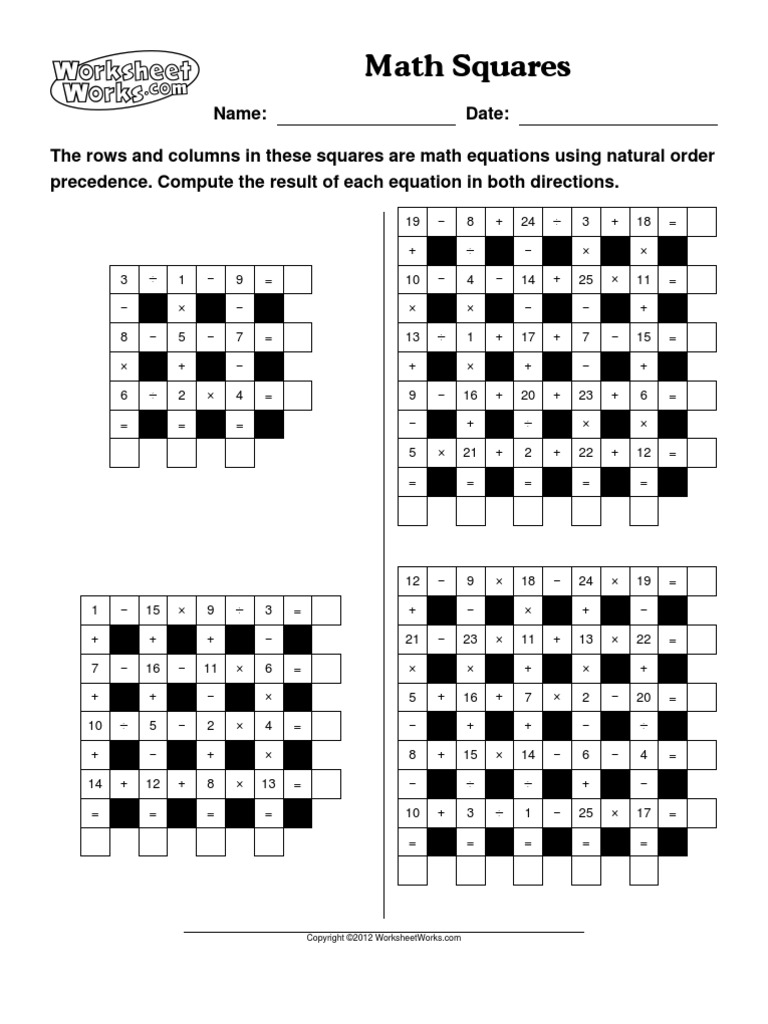 WorksheetWorks Math Squares 1 | PDF | Algebra | Linear Algebra