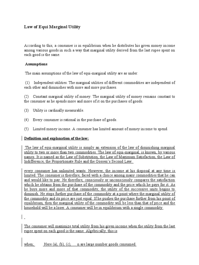 Law of Equi Marginal Utility Explained | PDF | Utility | Marginal Utility