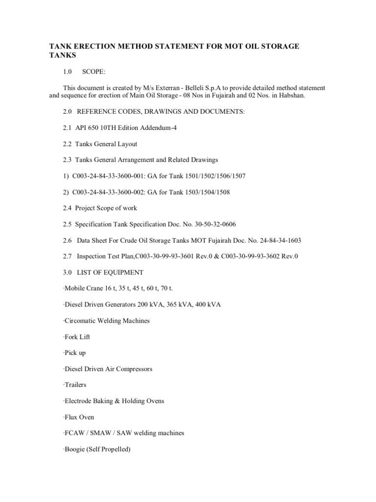 Tank Erection Method Statement For Mot Oil Storage Tanks | PDF | Deck (Ship) | Welding