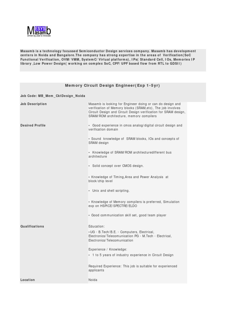 Design Engineer - Memory Circuit Design | PDF | System On A Chip ...