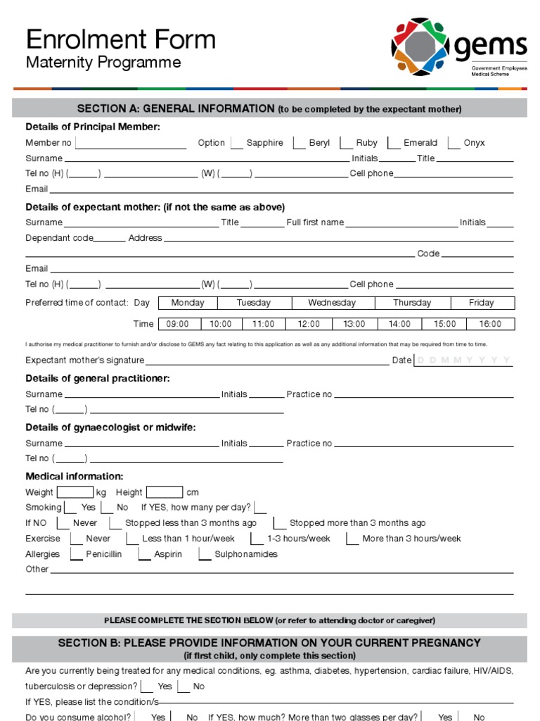 (1292010120529 PM) B - Maternity Enrolment Form - English | PDF ...