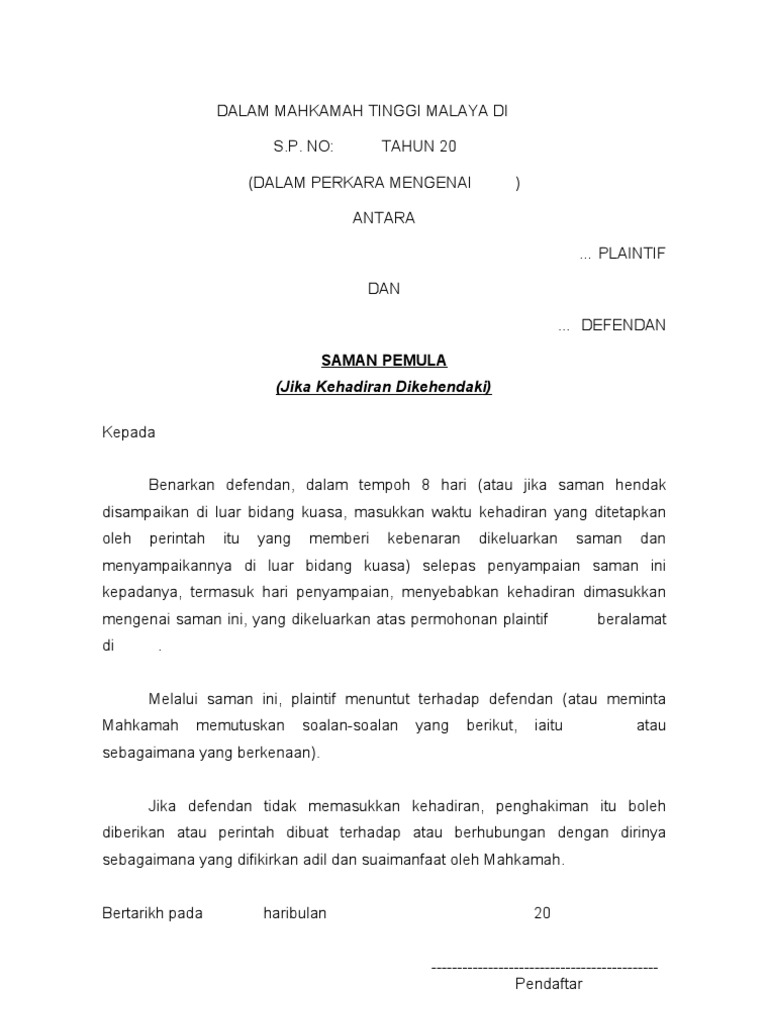 Form 6 Originating Summons (Where Appearance Required) (Borang 6 Saman ...