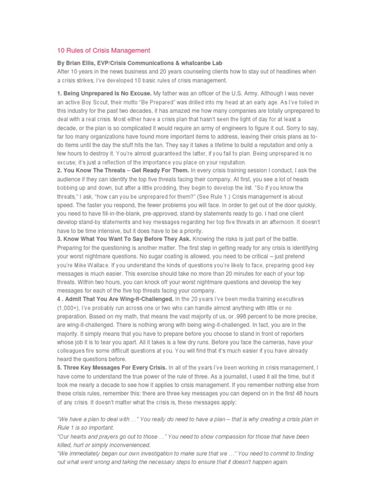 10 Rules of Crisis Management | PDF | Crisis Management