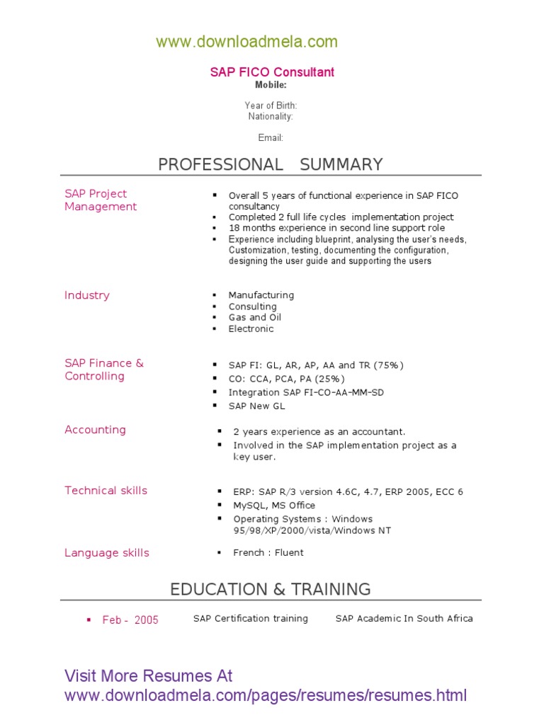 SAP Fico Consultant Resume With 5 Years Experience | Business | Computing