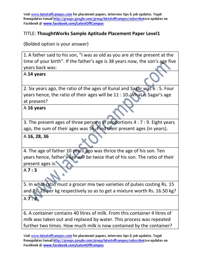 ThoughtWorks Sample Aptitude Placement Paper Level1 | PDF | Teaching ...