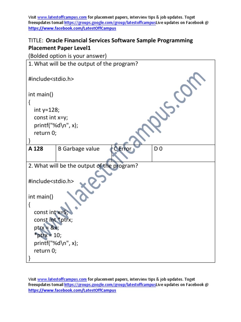 Oracle Financial Services Software Sample Programming Placement Paper Level1 | Download Free PDF ...