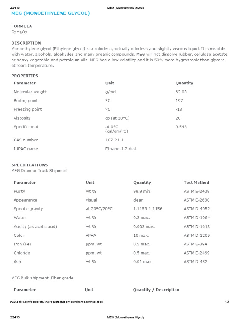 MEG (Monoethylene Glycol) | PDF | Chemical Substances | Chemistry