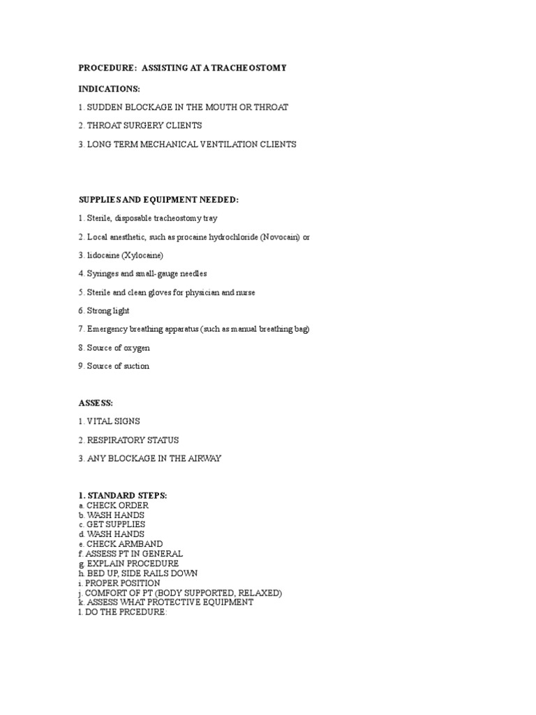 Tracheostomy Procedure Essentials | PDF | Surgery | Medical Treatments