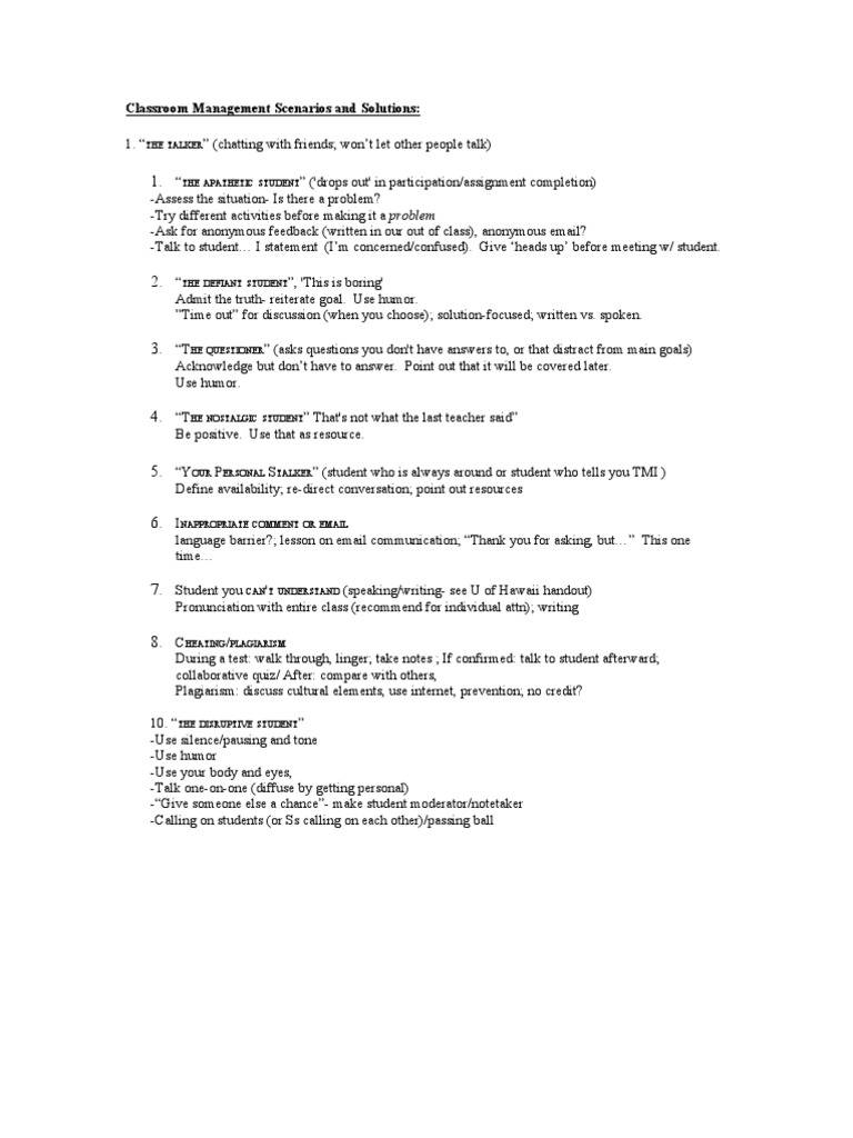 Class Management Tips Scenarios | PDF | Classroom Management ...