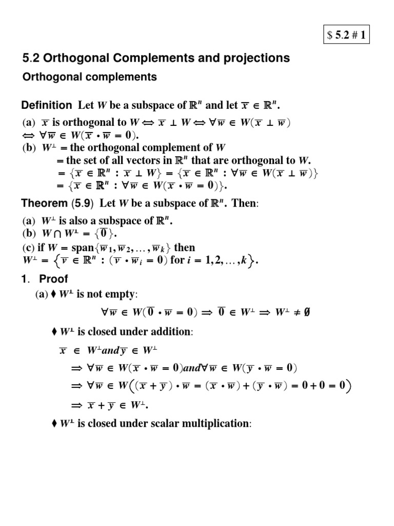 5.2 Orthogonal Complements and Projections | PDF | Linear Subspace | Basis (Linear Algebra)