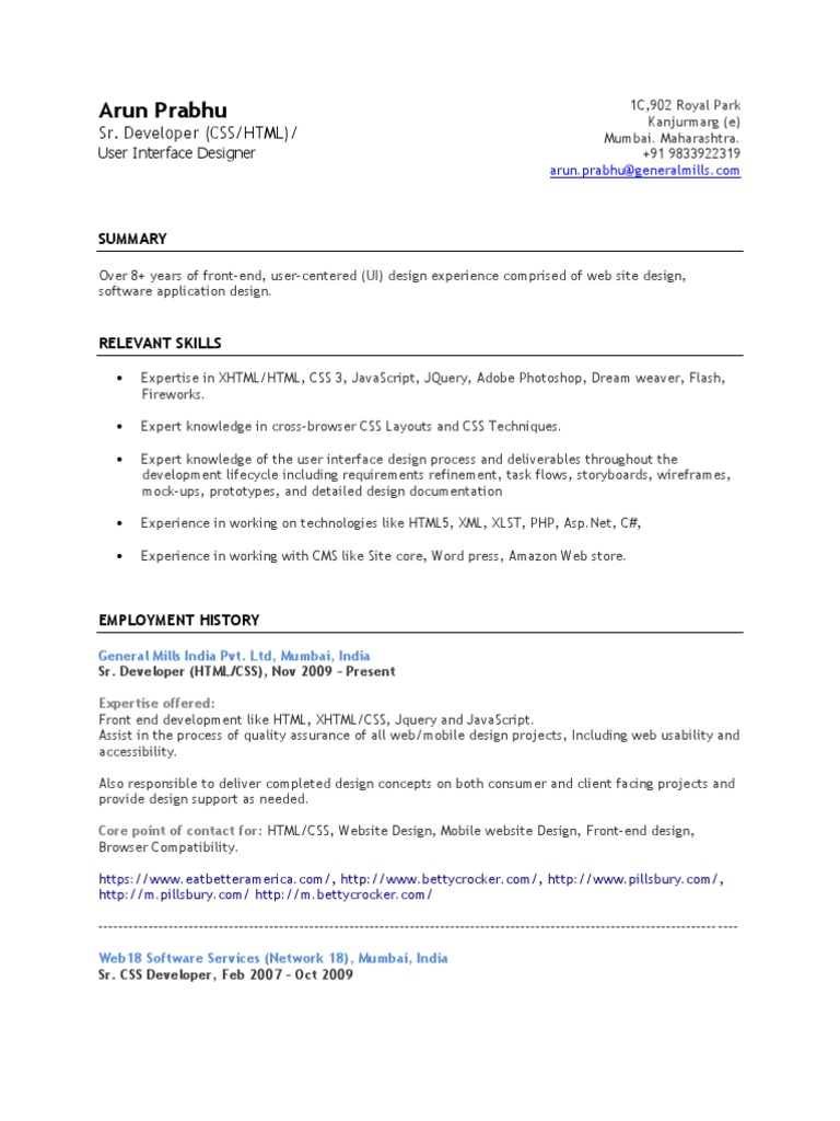 Arun Prabhu's Resume: Senior Front-End Developer and User Interface ...