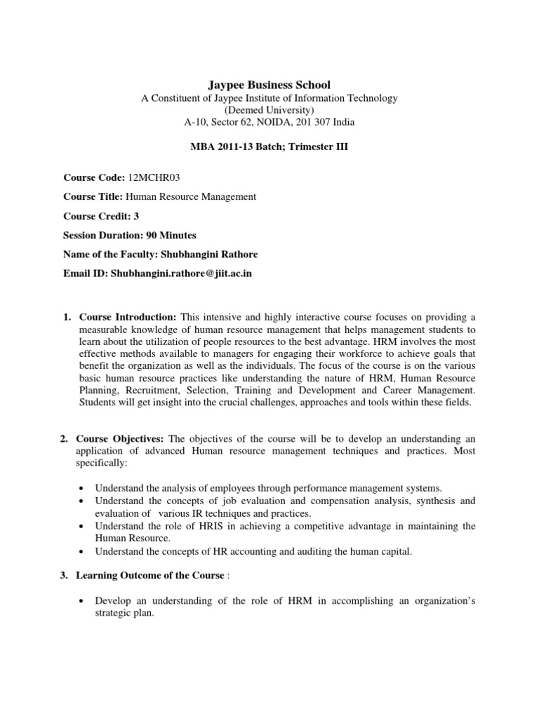 HRM Course Outline | Human Resource Management | Human Resources