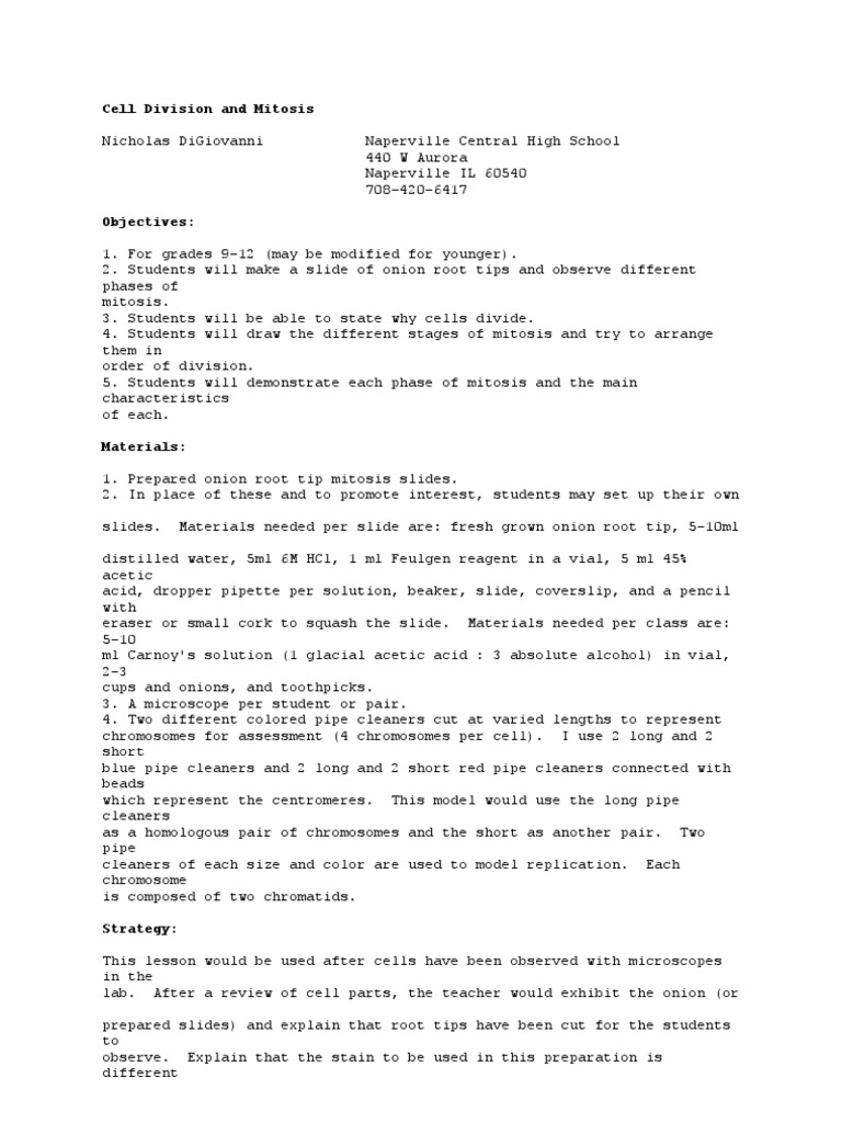 Lesson Plan Cell Division and Mitosis | PDF | Mitosis | Genetics