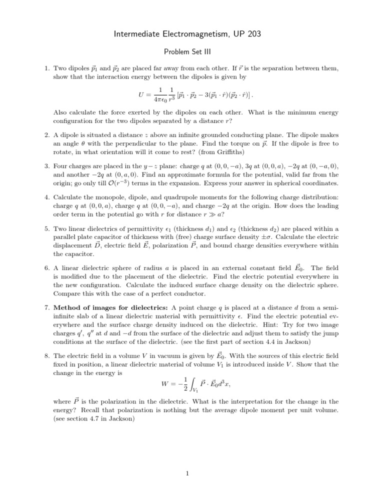 Intermediate Electromagnetism, UP 203: Problem Set III | PDF | Dielectric | Dipole