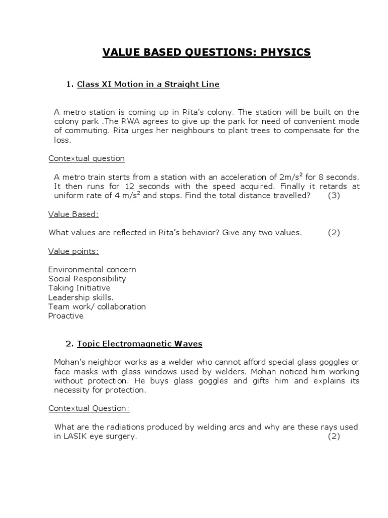 Value Based Questions: Physics: 1. Class XI Motion in A Straight Line ...