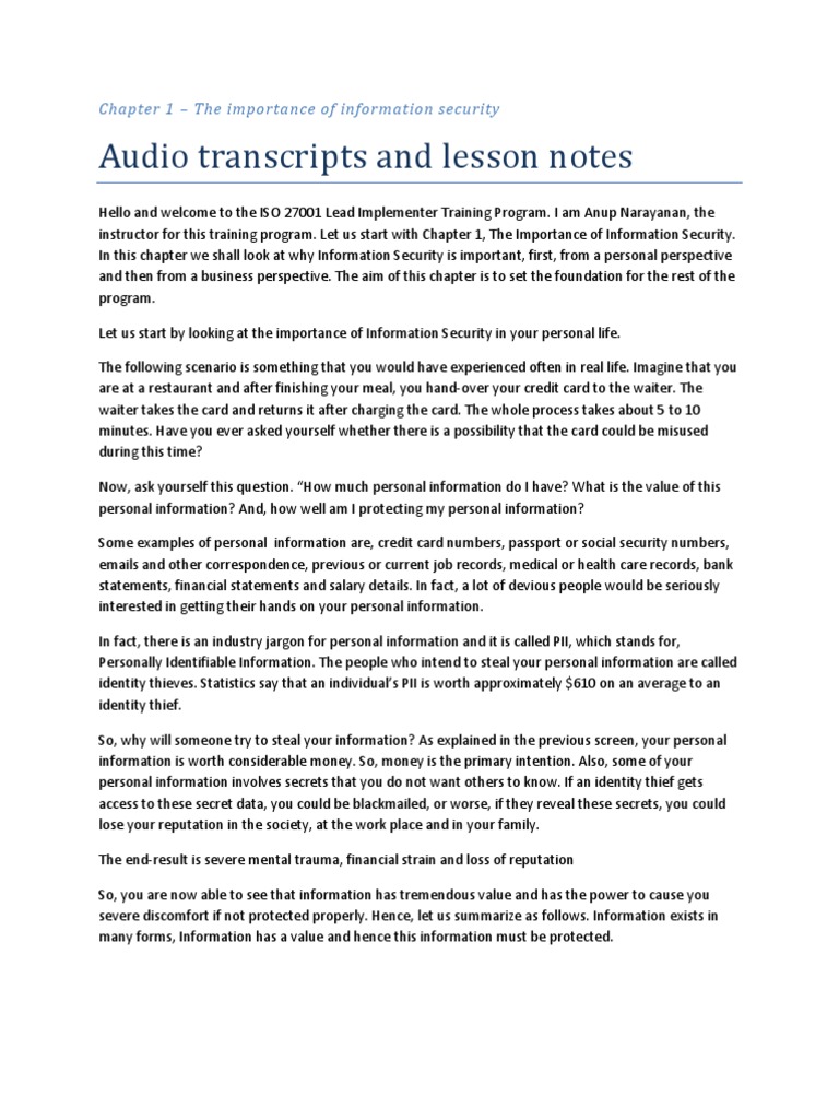 Chapter 1 Audio Transcripts Lesson Notes The Importance of Information ...
