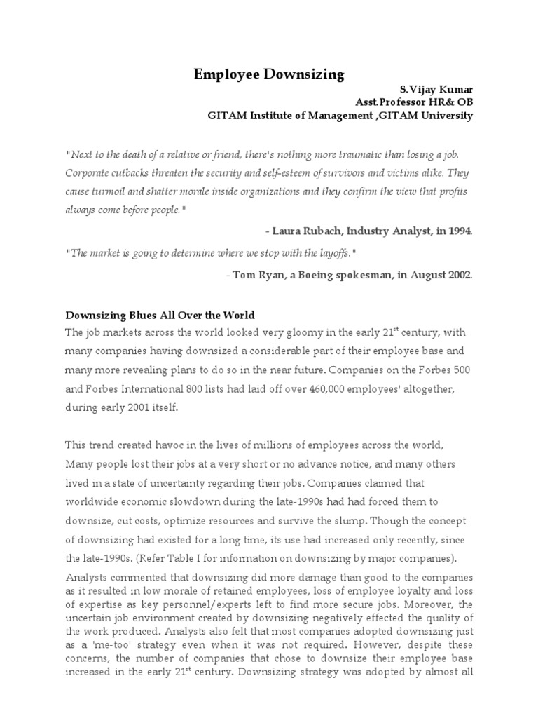 Employee Downsizing: S.Vijay Kumar Asst - Professor HR& OB GITAM ...