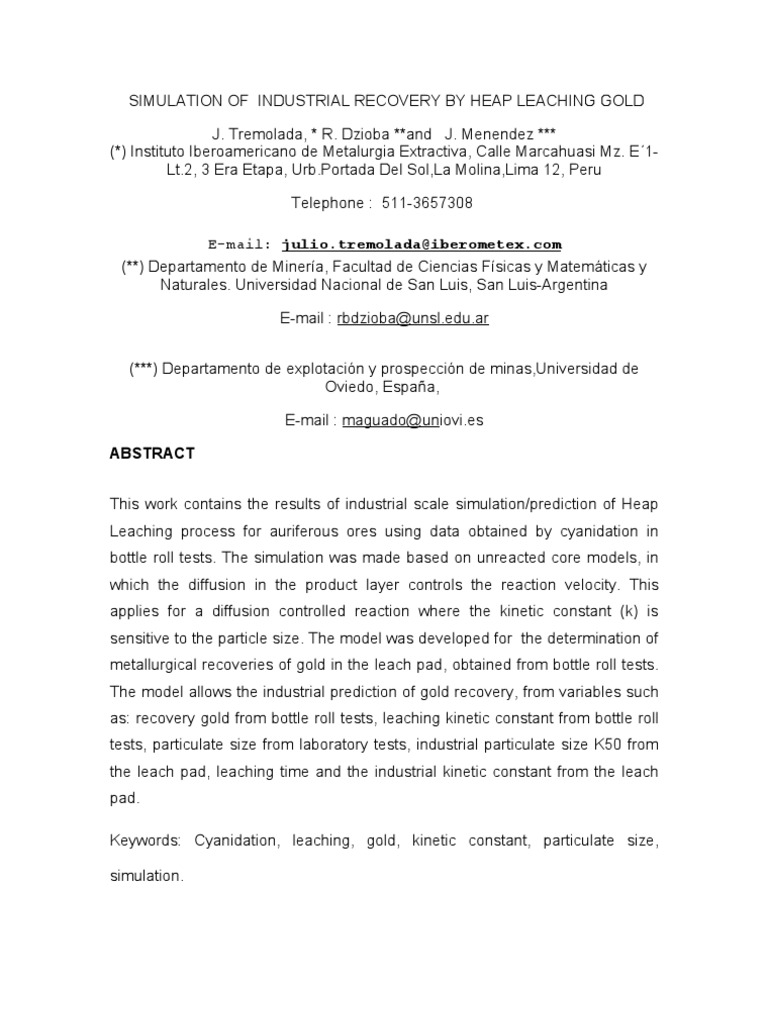 1 Simulation of Heap Leach Industrial Recovery | PDF | Gold | Silver