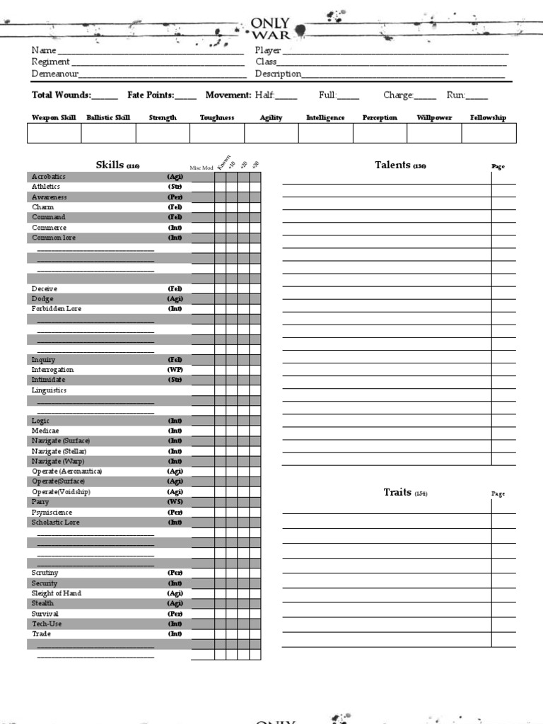 Only War RPG Character Sheet | PDF | Role Playing Games | Leisure