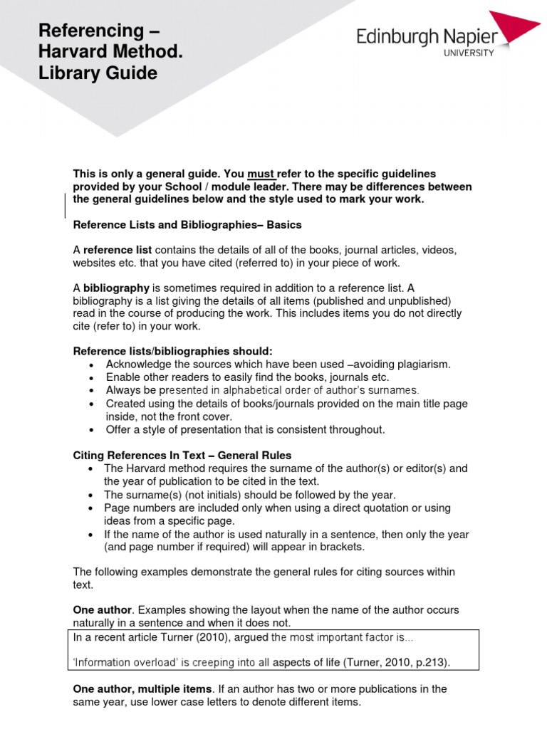 Referencing - Harvard Method. Library Guide | PDF | Digital Object ...