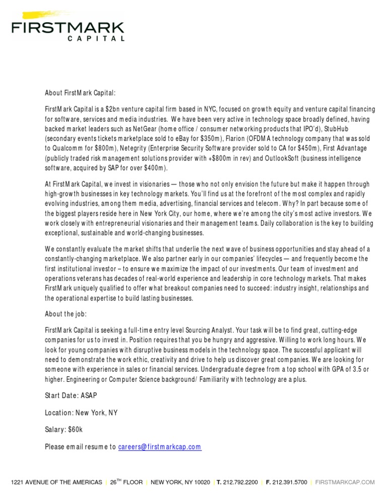 FirstMark Capital Pre-MBA Analyst Job Description | PDF | Venture ...