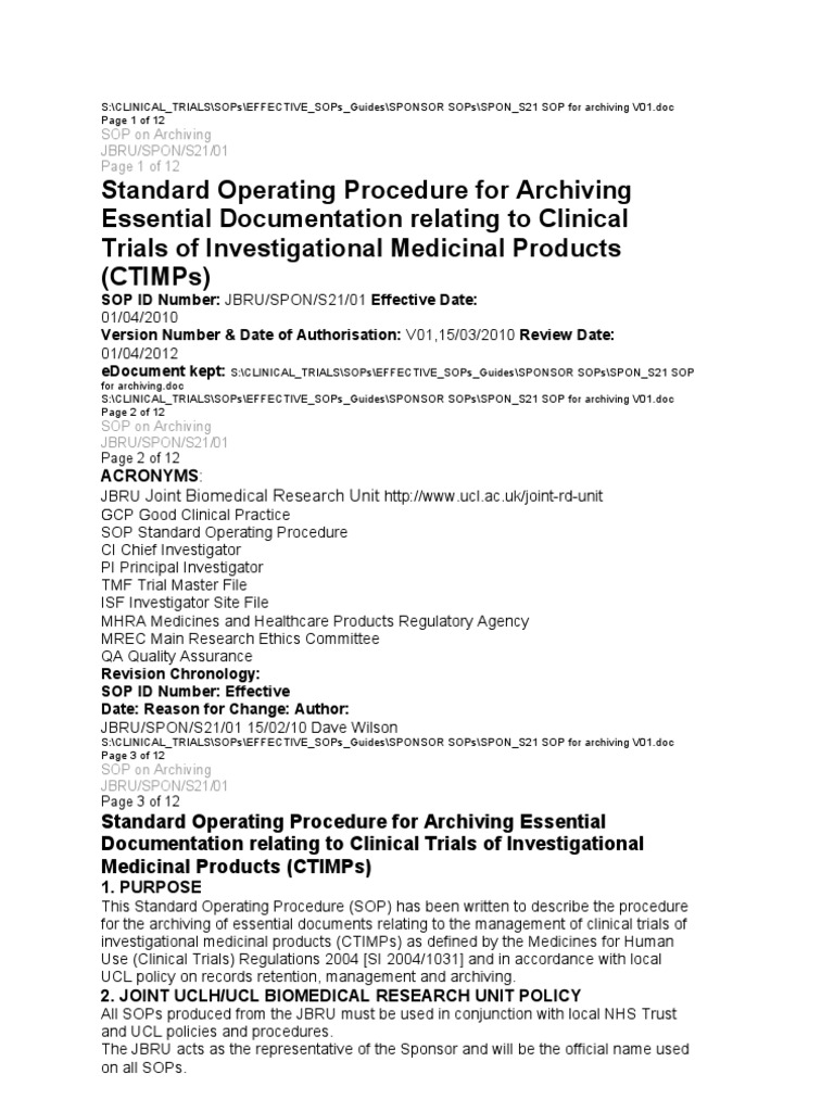 Standard Operating Procedure For Archiving Essential Documentation Relating To Clinical Trials ...