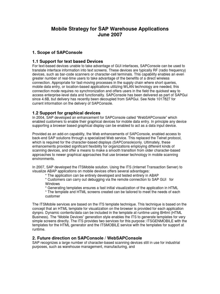 Mobile Strategy For Sap Warehouse Applications June 2007: 1. Scope of ...