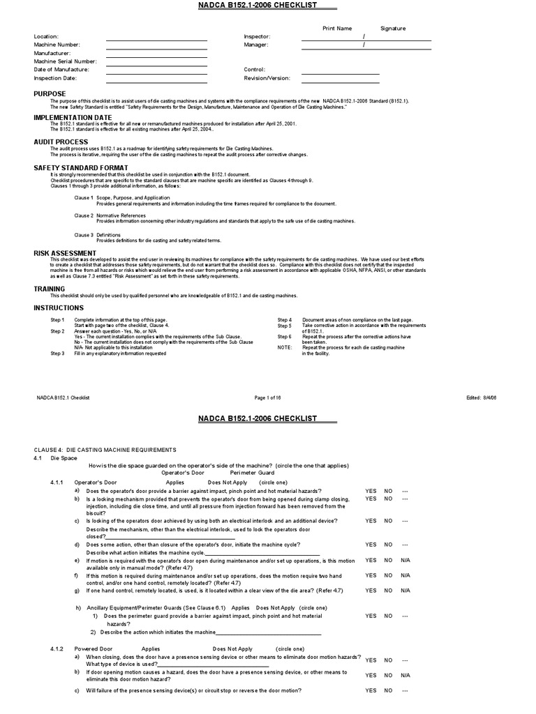 NADCA Safety Checklist | PDF | Safety | Machines