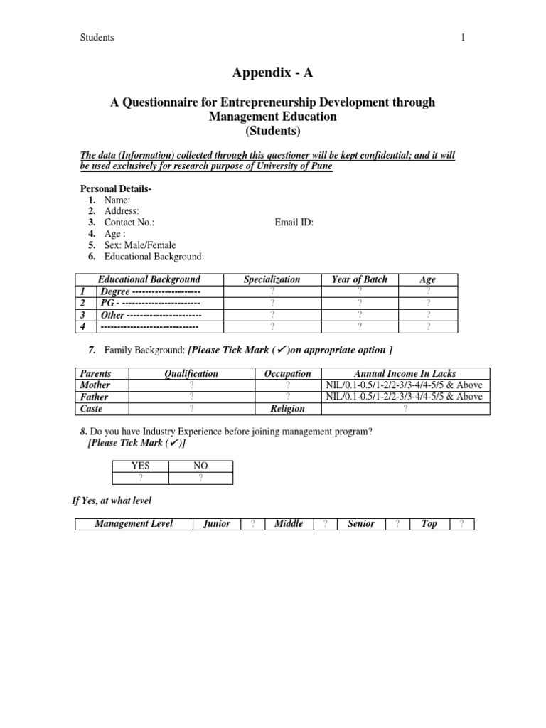 A Questionnaire For Entrepreneurship Development Through Management ...