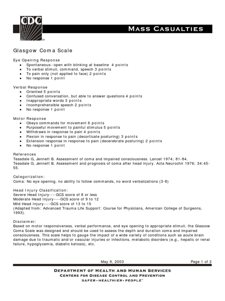Glasgow Coma Scale Handout | PDF | Coma | Pain