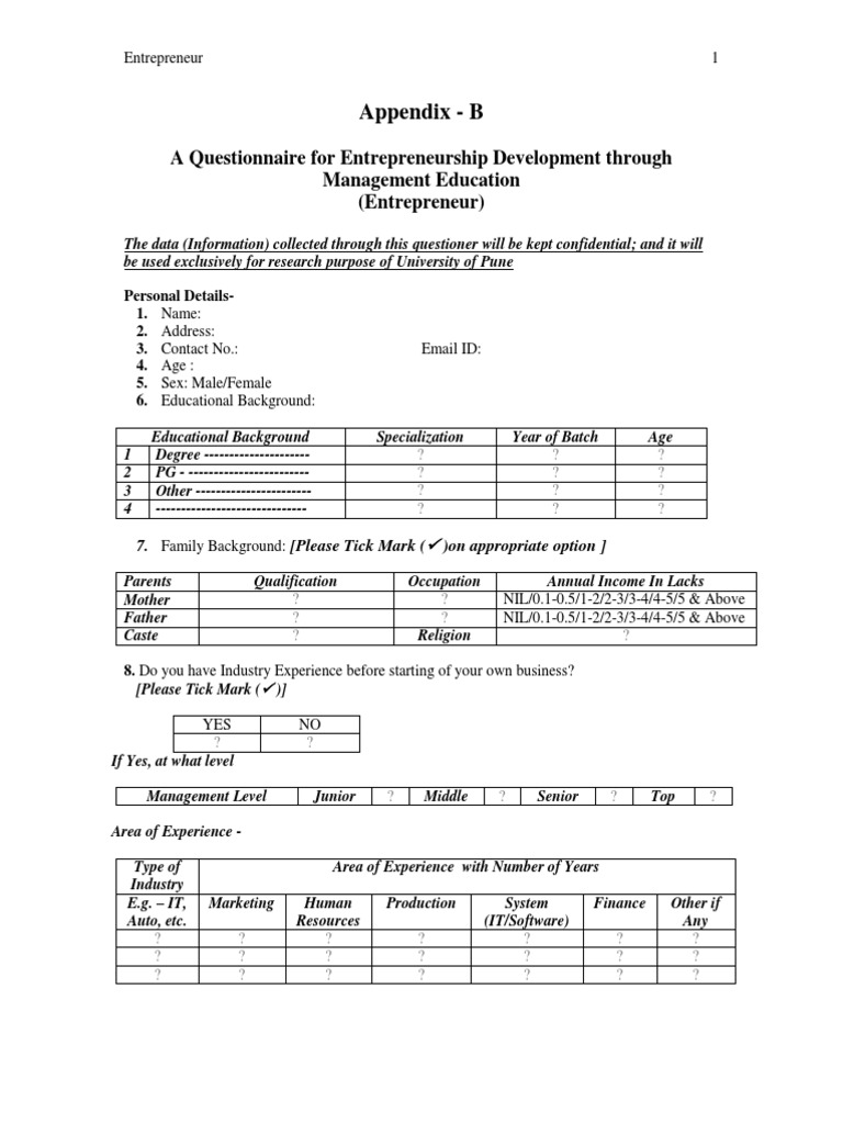 Entrepreneurship Development Questionnaire | PDF | Entrepreneurship ...