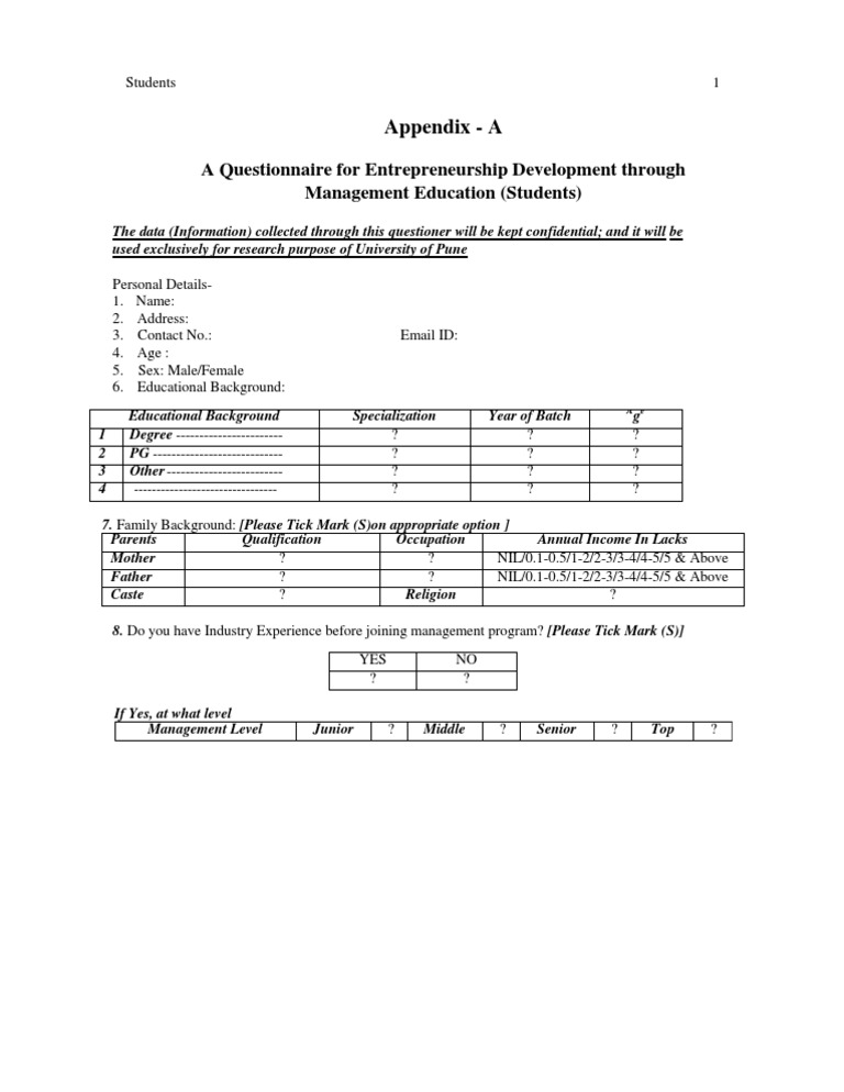 Questionnaire of Entrepreneurship Development 1 | PDF