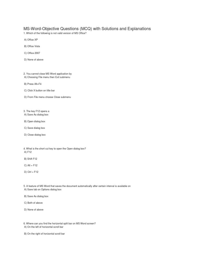 MS-Word-Objective Questions (MCQ) With Solutions and Explanations | PDF ...