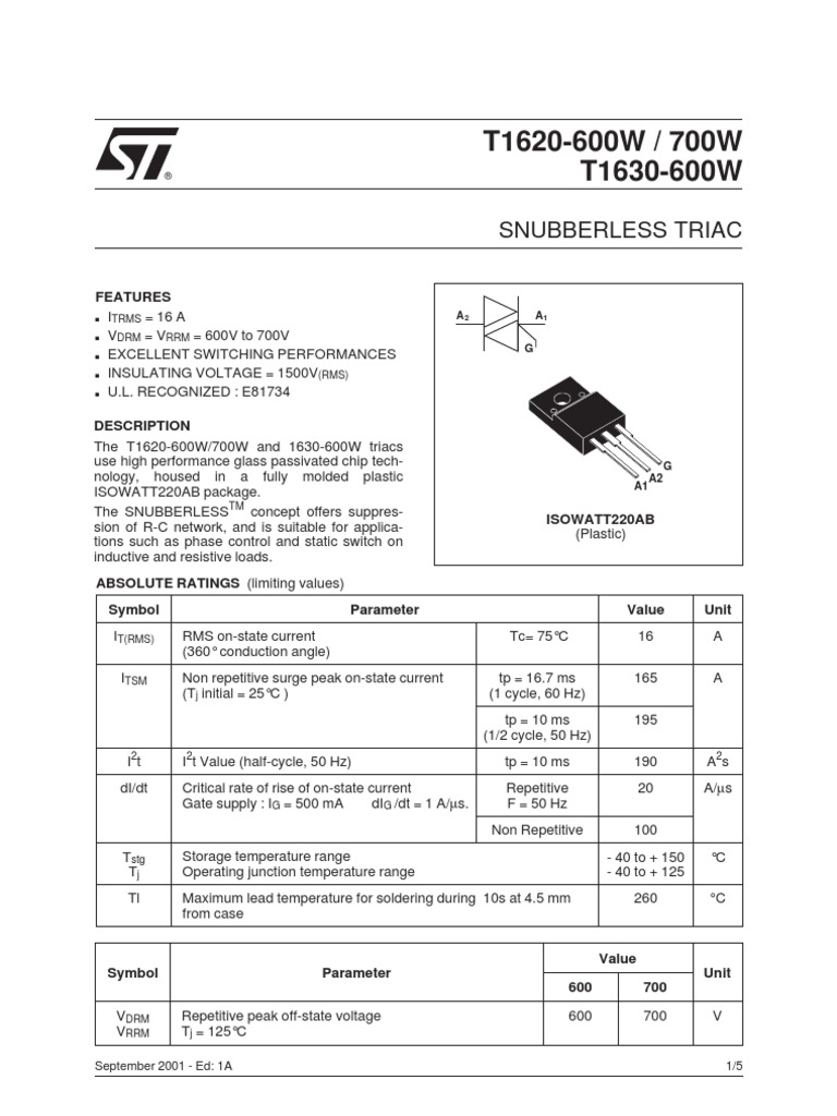 T1620-600W / 700W T1630-600W: Snubberless Triac | PDF | Electrical ...