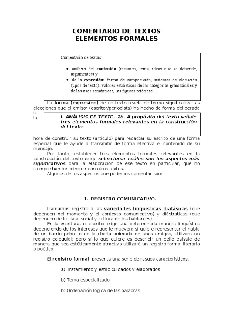 Comentario de Textos. Elementos Formales | Palabra | Verbo