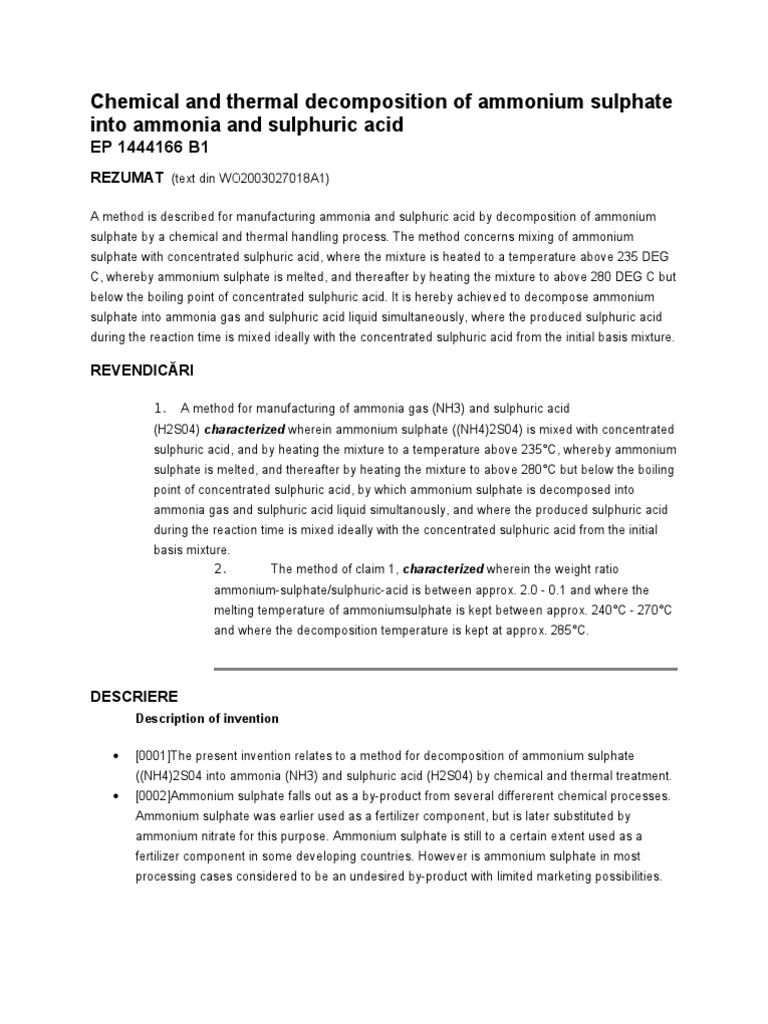 Ammonium Sulphate Decomposition Method | PDF | Sulfuric Acid | Ammonia