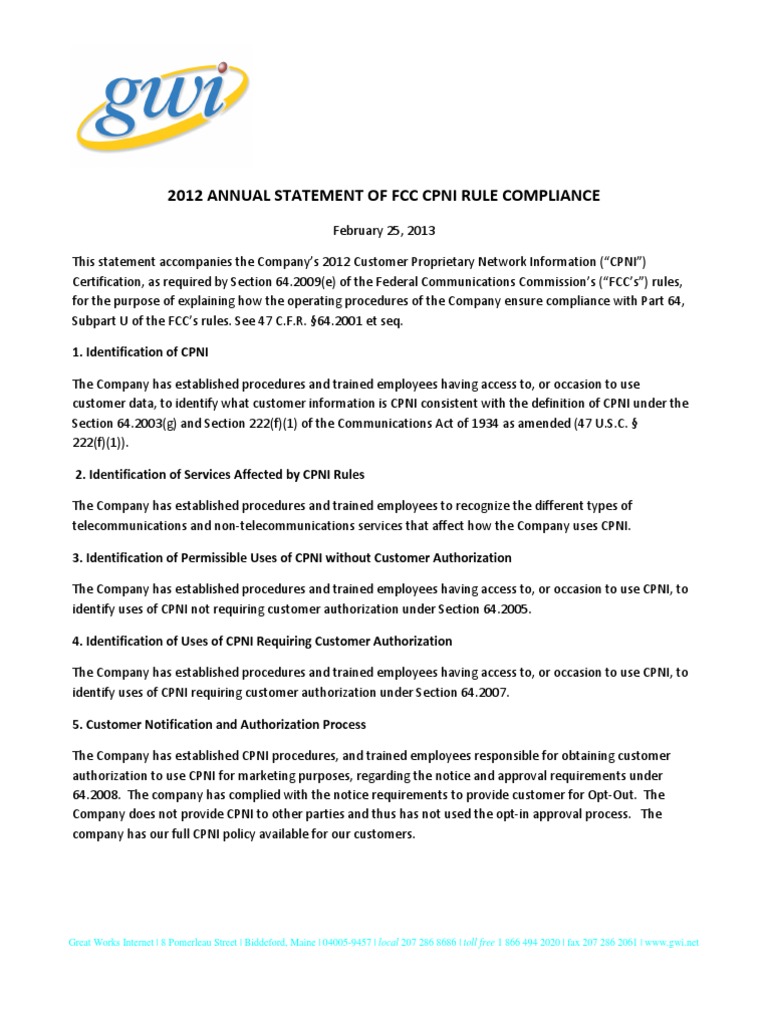 2012 Annual Statement of CPNI Compliance | PDF | Federal Communications ...